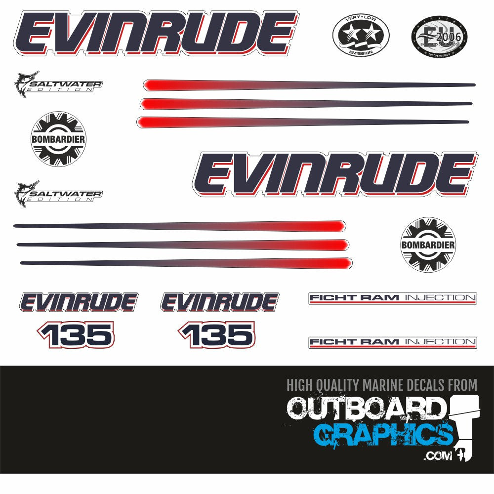 Evinrude 135hp Ficht Ram Injection outboard engine decals/sticker kit ...