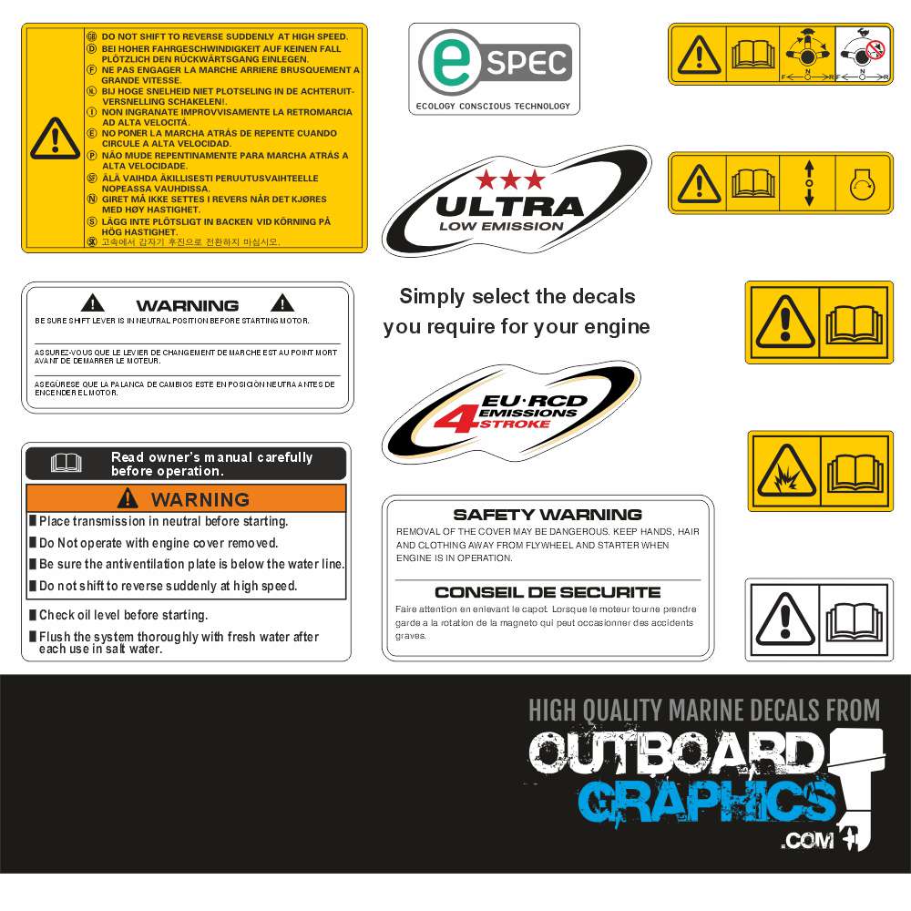 Generic Honda outboard engine warning label decals/sticker kit - all H ...